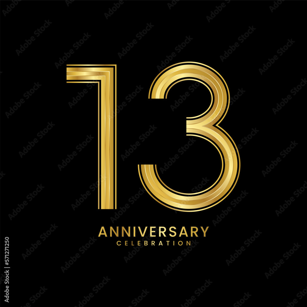 13th Anniversary celebration. Anniversary logo design with golden ...