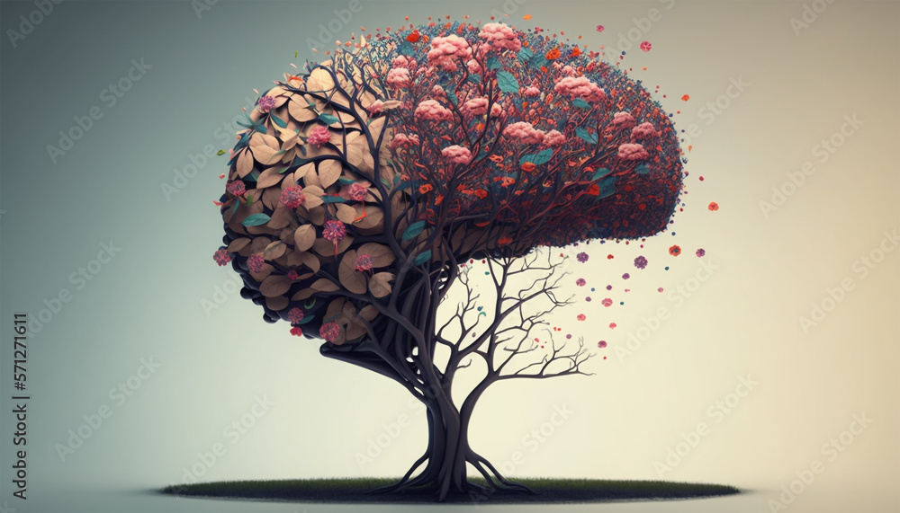 Human brain tree with flowers, self care and mental health concept ...