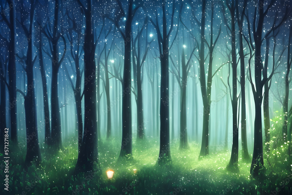 Forest at night, illuminated with mysterious glowing lights. Created ...