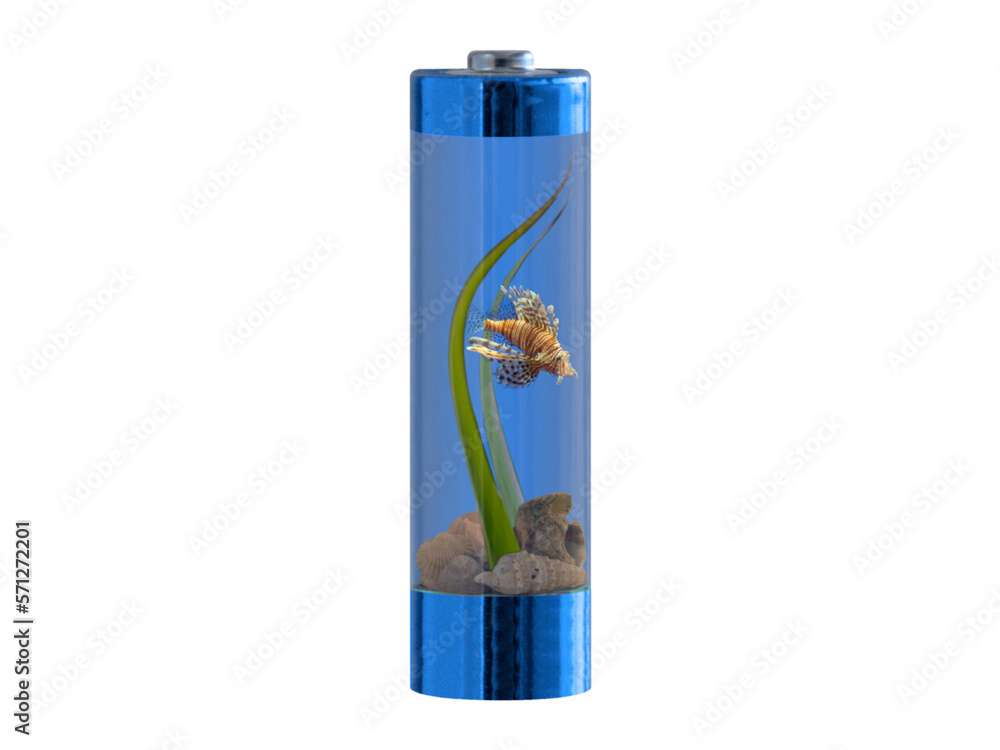 Lionfish in glass aquarium with form of pen battery cell as a symbol of ...