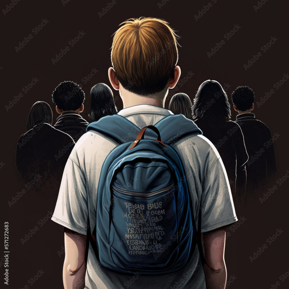 ภาพประกอบสต็อก Back view of a sad boy suffering from bullying. Bullying ...