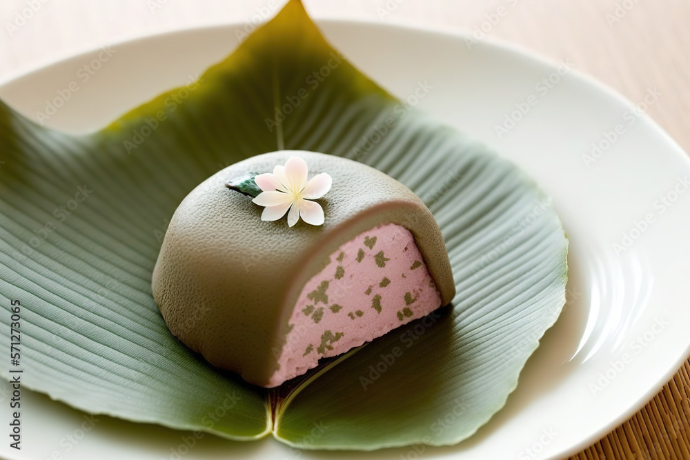 Japanese dessert known as kansai sakuramochi is made of delicious pink ...