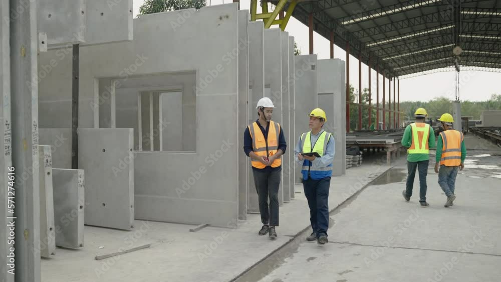 Engineers are inspecting work inside a precast concrete factory ...