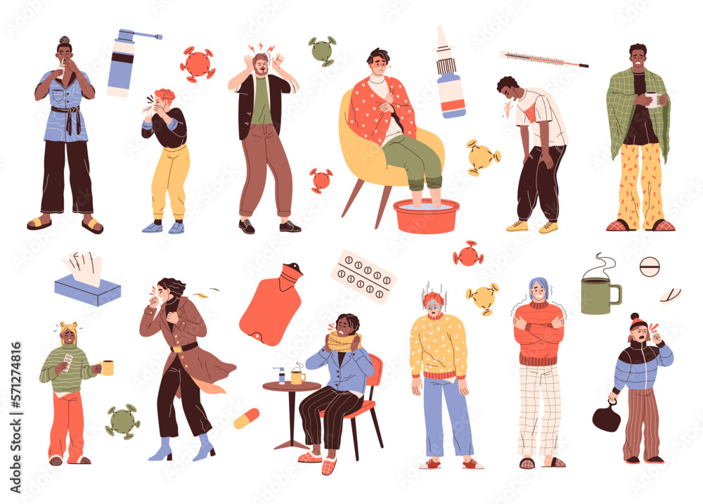 People with flu symptoms. Sick men, women and kids with runny nose ...