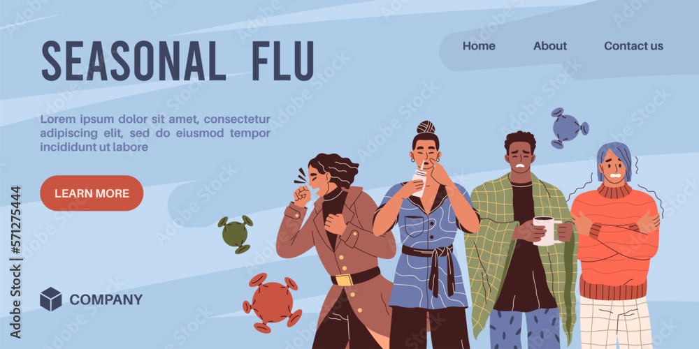 Seasonal flu poster. Stop virus banner, sick people with cold symptoms, drinking hot tea ...