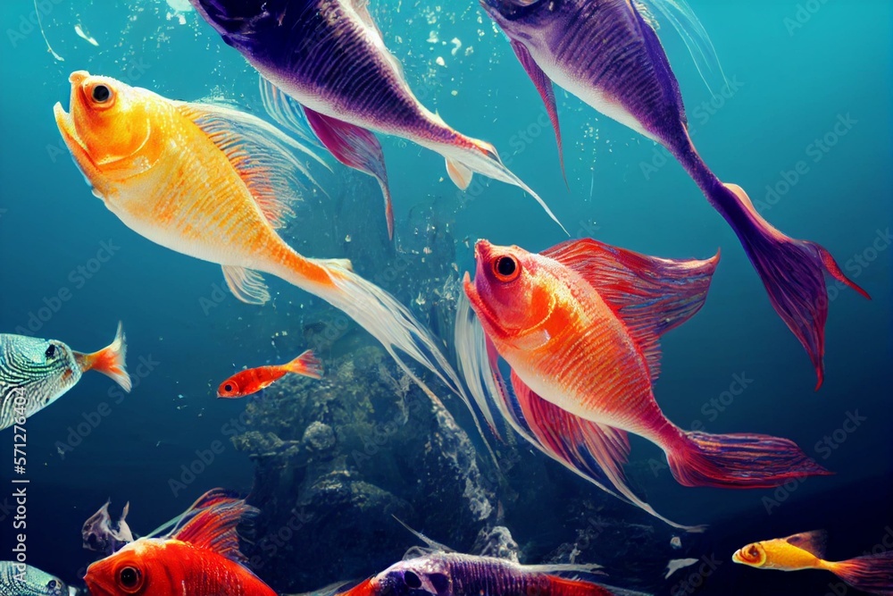 Dying fish close-up in the ocean with garbage and waste underwater ...