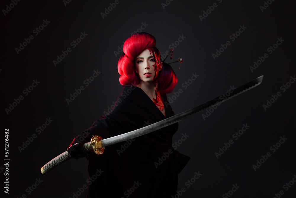 fighting geisha in a black kimono with a katana. young multiethnic ...