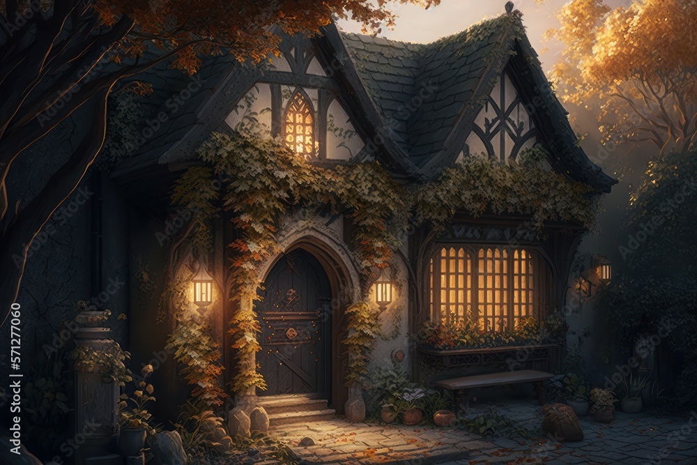 Courtyard of an old medieval house. Fantasy background. AI generated ...