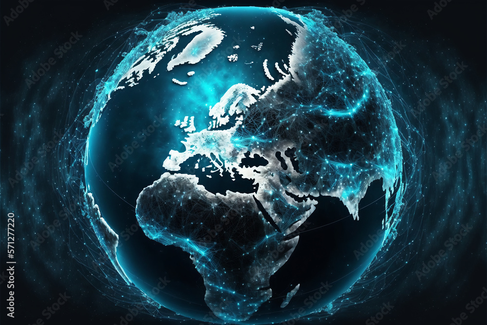 Earth Communications network map of the world. Dark blue background map ...