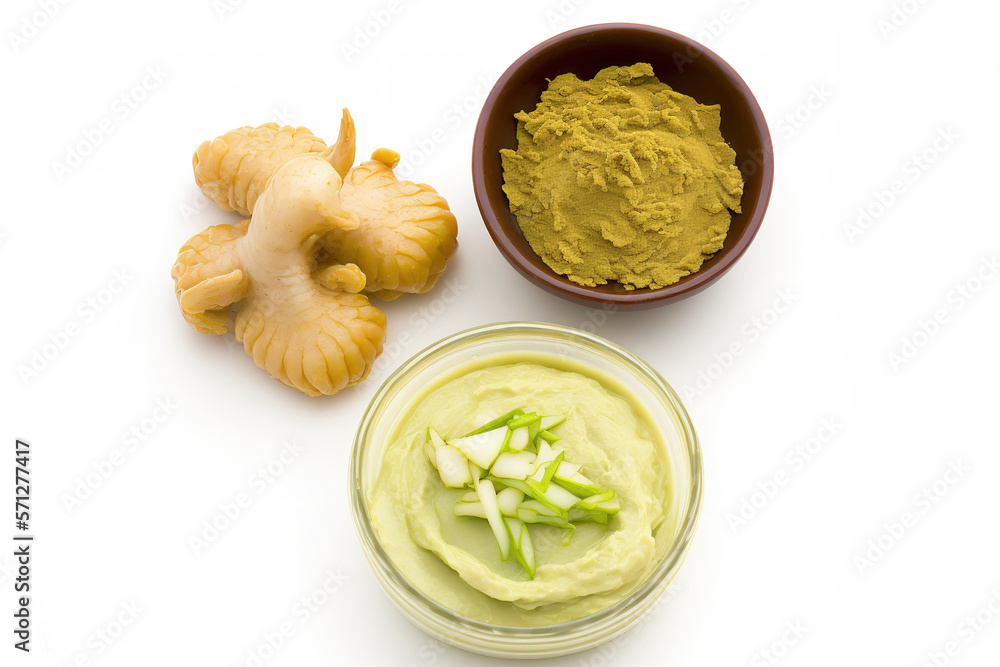 Wasabi paste and pickled ginger are pictured in a top perspective ...