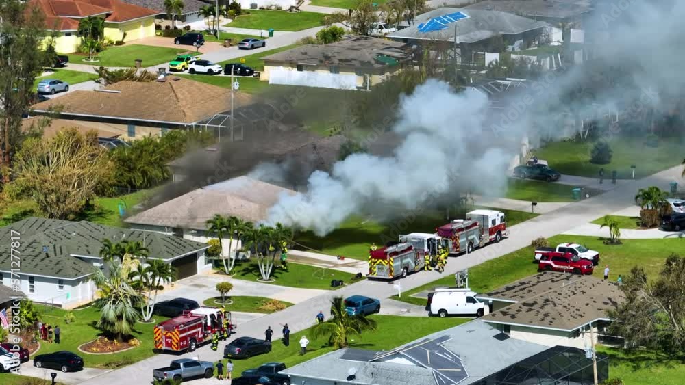 View from above of burning private house on fire and firefighters ...
