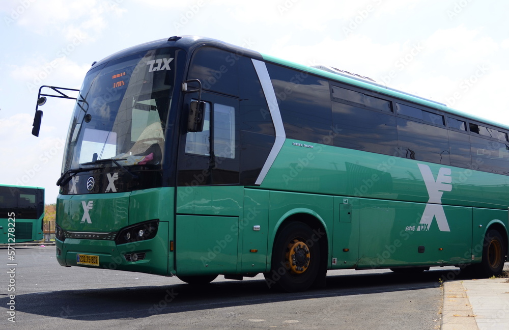 Israel. Rishon Lezion. August 2022. Egged green bus, close-up logo ...