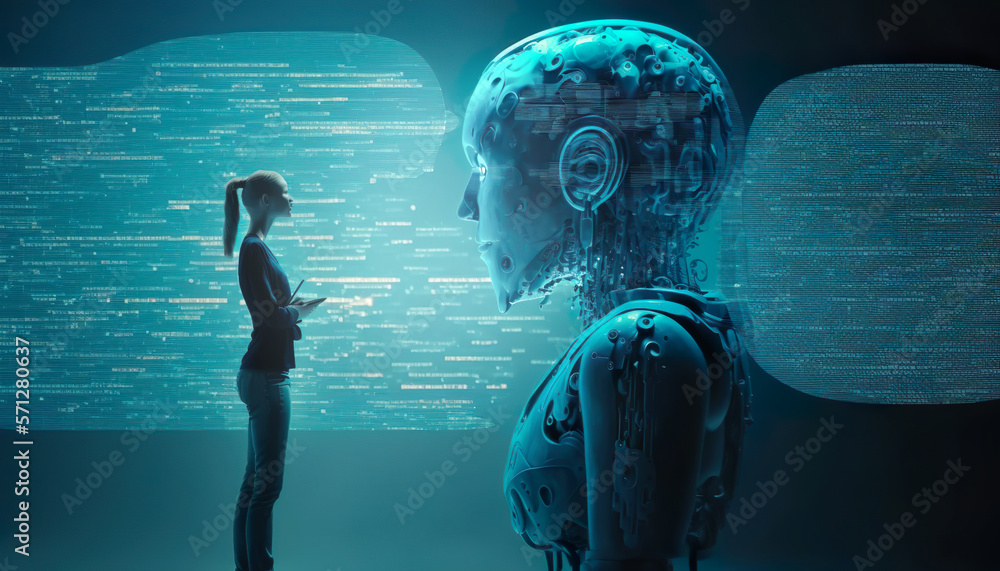 person talking with robotic ai.futuristic technology or machine ...