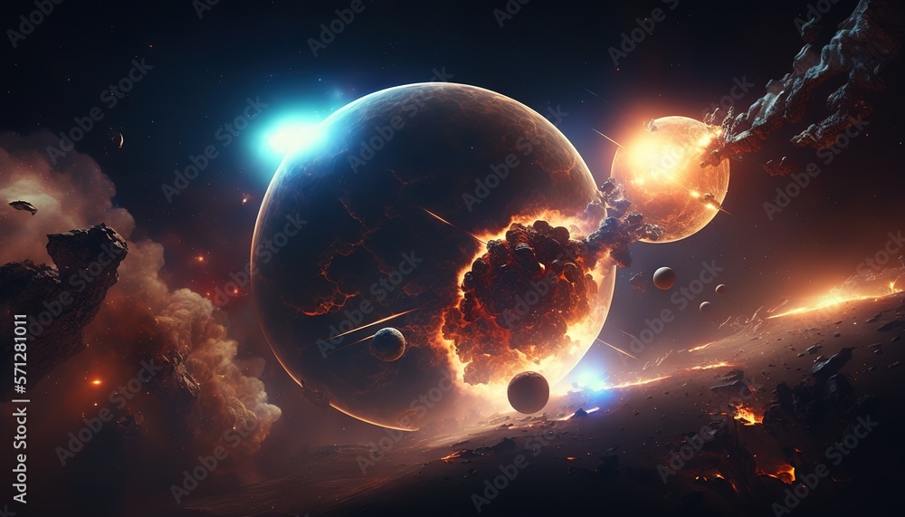 Galaxy, outer space background with planets and explosion with fire ...