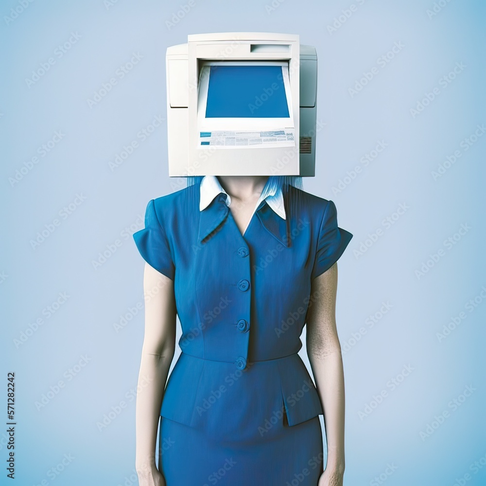 Abstract modern portrait of young woman coming out of television screen ...