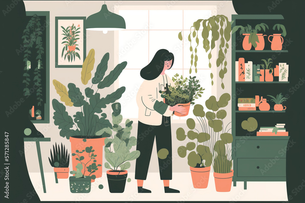 Crazy plant lady is a female character in a flat, simplistic artwork ...