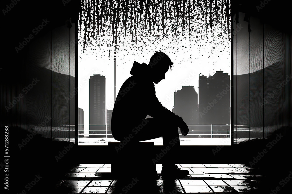 Silhouette of depressed man sitting head in hands on the walkway of ...