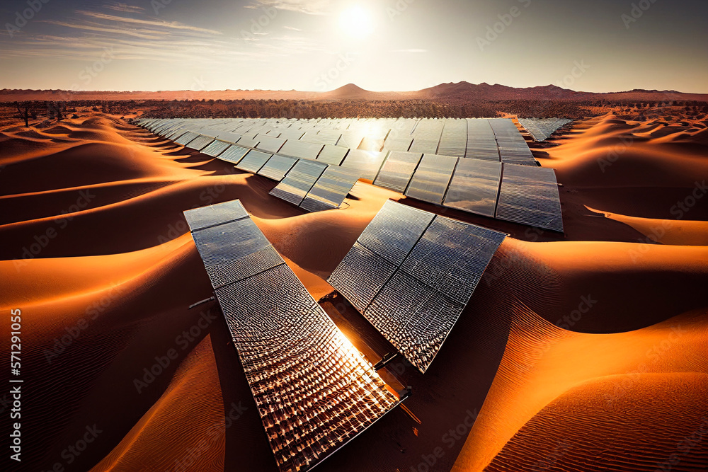 A solar panel farm in a remote desert, with the panels arranged in a ...