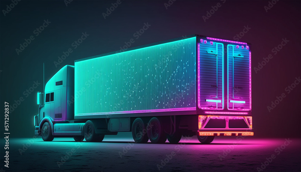 neon truck with Cargo Trailer Drives at Night on the Road. Generative ...