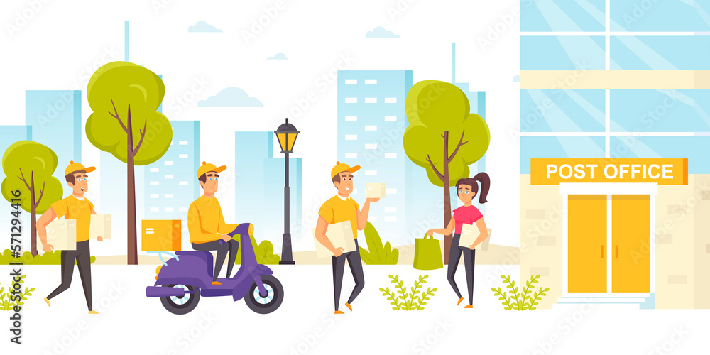 Couriers in uniform with packages walking or riding scooter to post ...