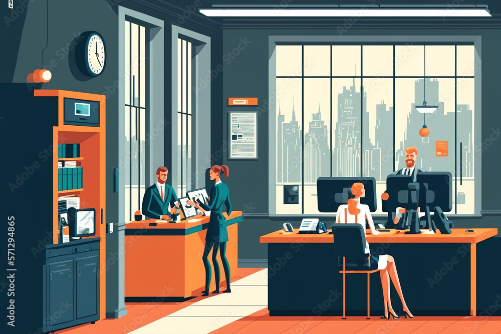 Clients and employees in the bank office. Business department, finance ...