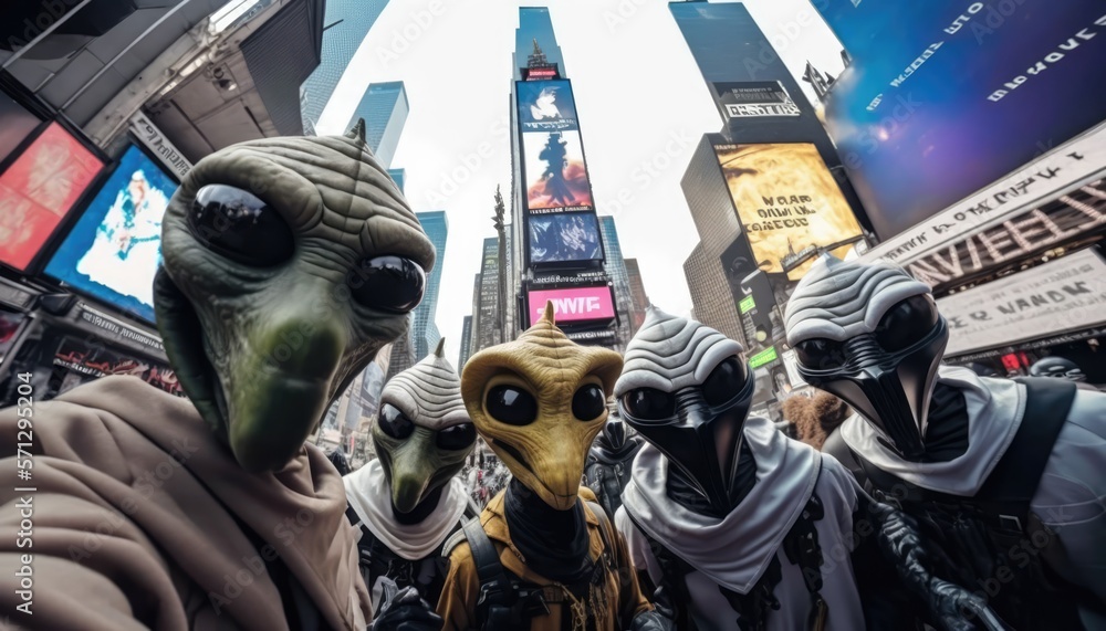 Alien invasion. Area 51 Aliens Selfie in Times Square, NY - Group of ...