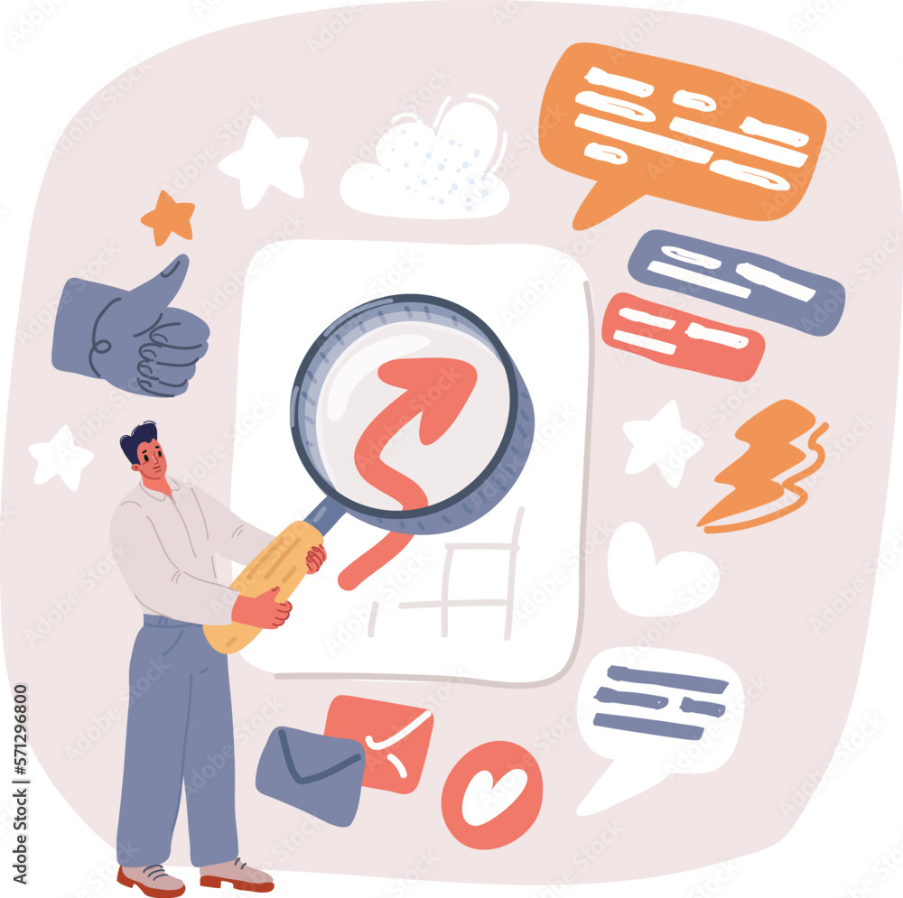 Cartoon vector illustration of man with a magnifying glass. A guy ...