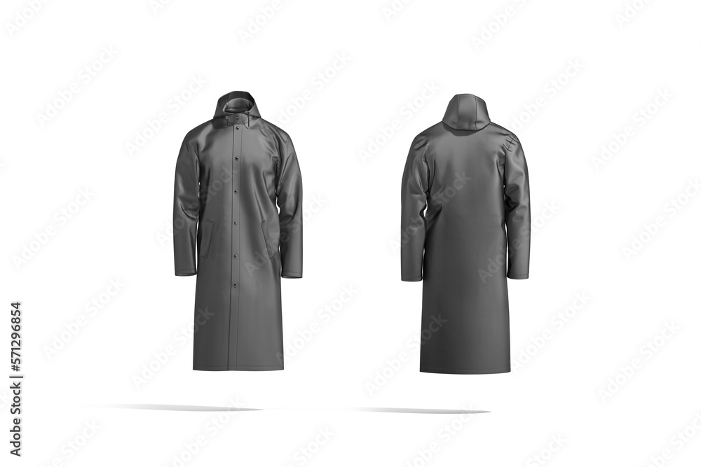 Blank black protective raincoat mockup, front and back view Stock ...