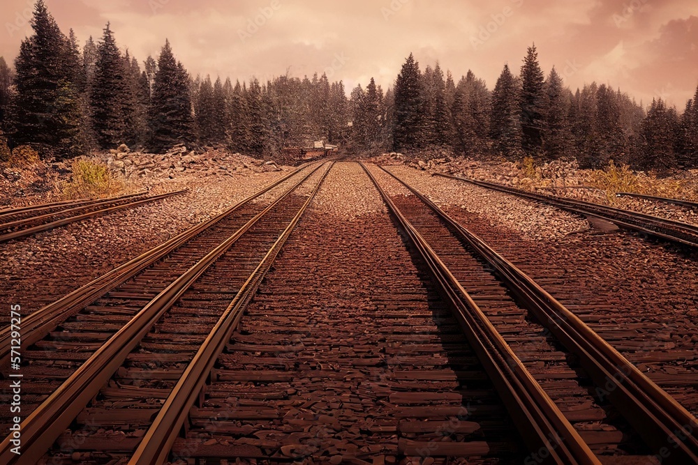 Brown railroad ties piled up next to active train tracks. Generative AI ...