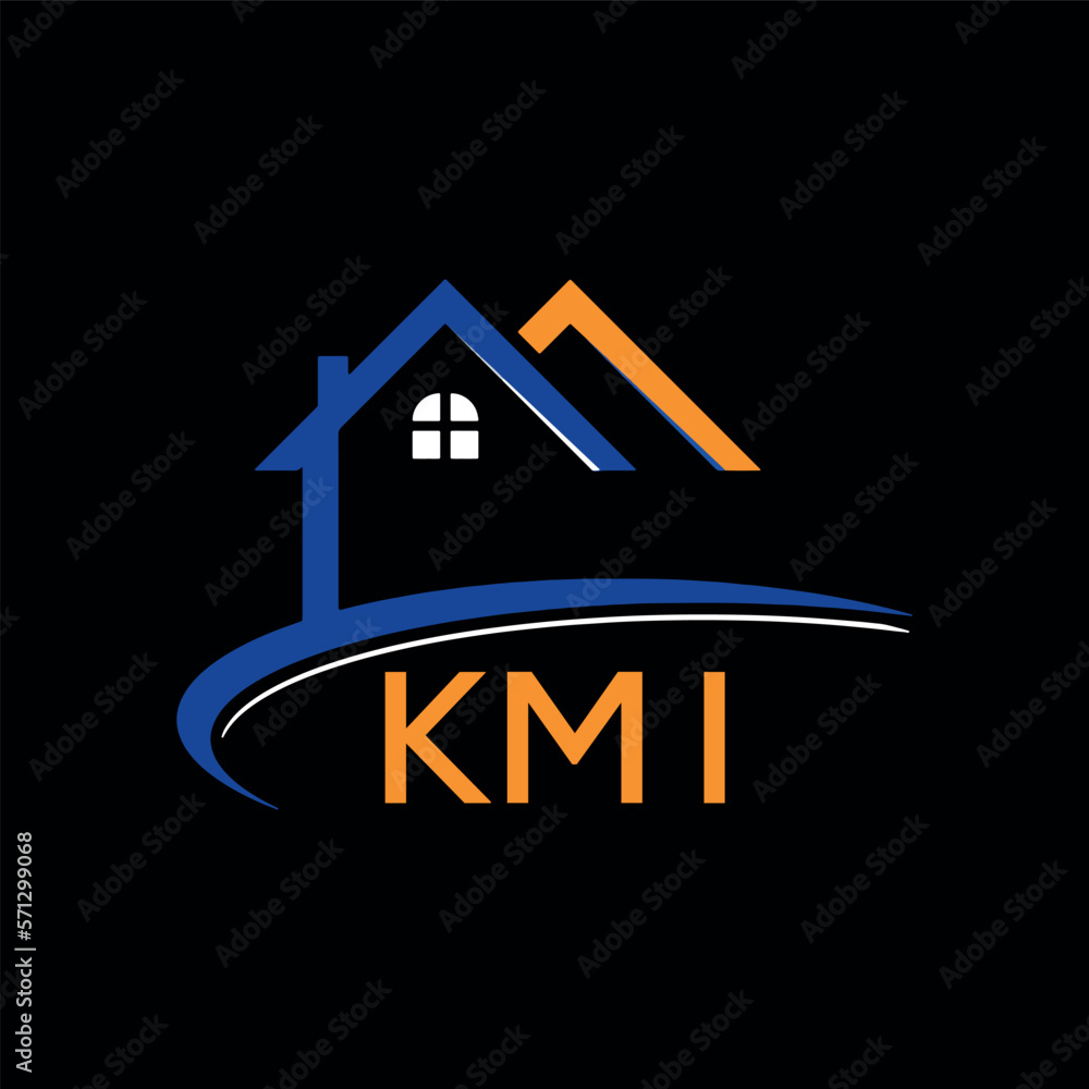 KMI house logo, letter logo. KMI blue image on black background and ...