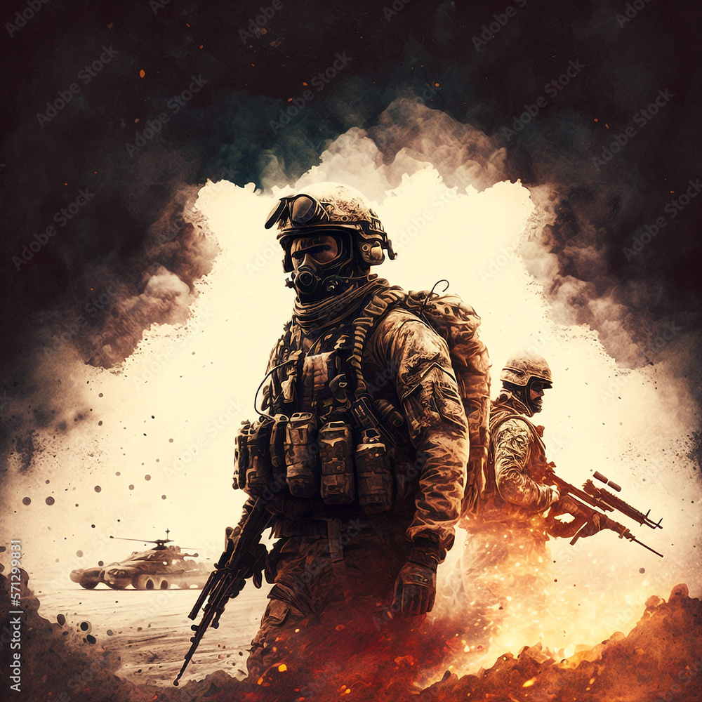 Generative ai soldier standing on cruel war scenes battlefield. Stock ...