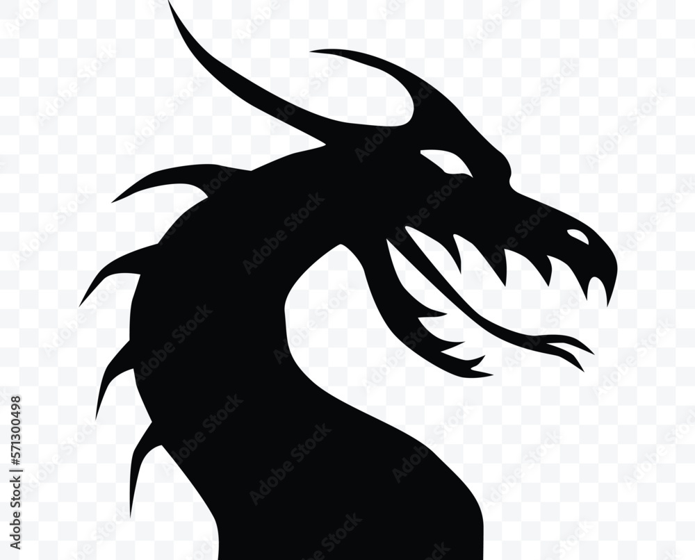 Dragon head icon. Black head of dragon on transparent background. Flat ...