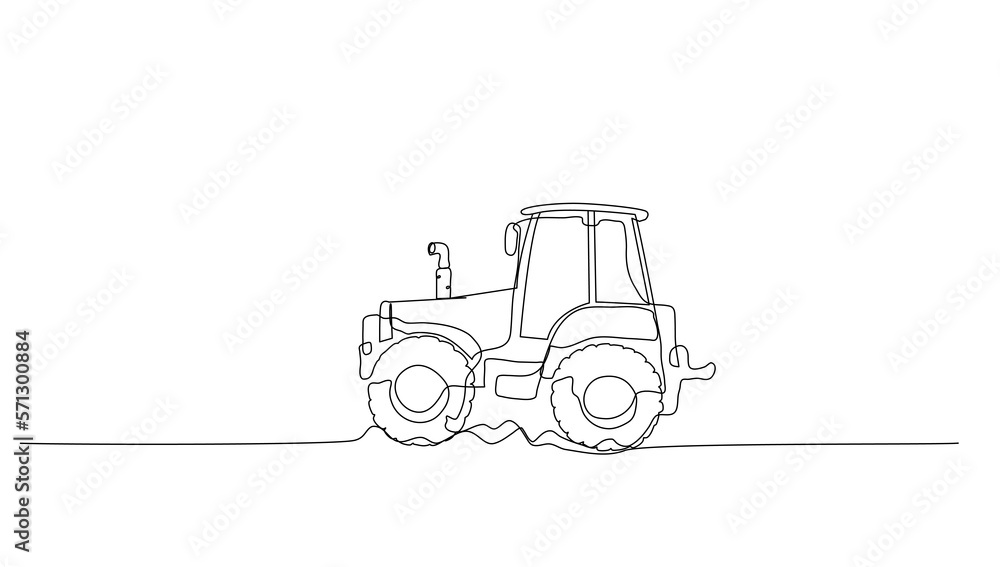 Continuous line art or One Line drawing of tractor for vector ...