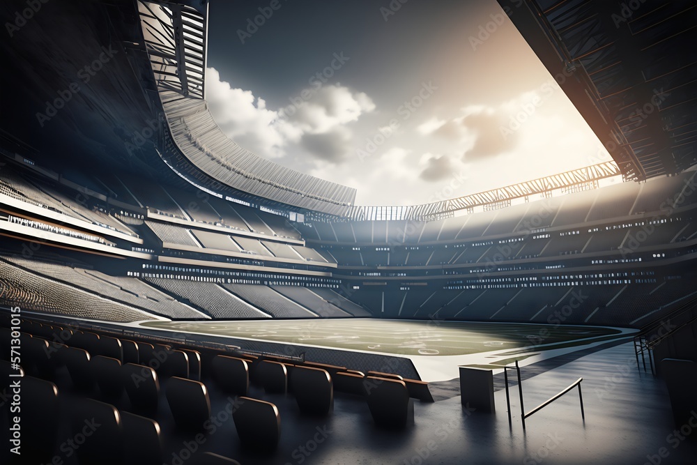 3D render of a large football stadium with floodlights and seats ...