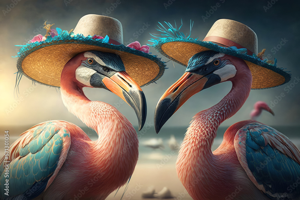 Flamingo Beach Party illustration: A Beach Scene with Flamingos Wearing ...