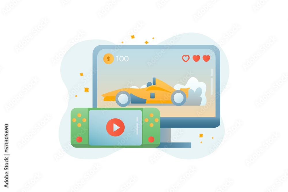 Game gradient icons concept scene in the flat cartoon design. Computer ...