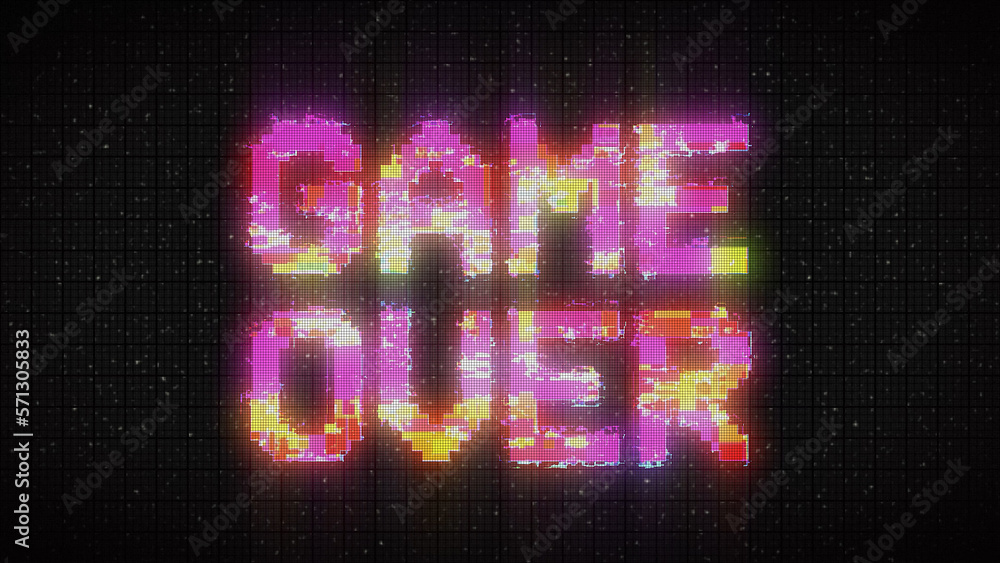 Retro video game screen with glitch. Game over with noisy distortion ...