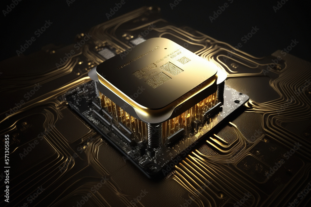 Modern multi-core processor on a black background with golden rays ...