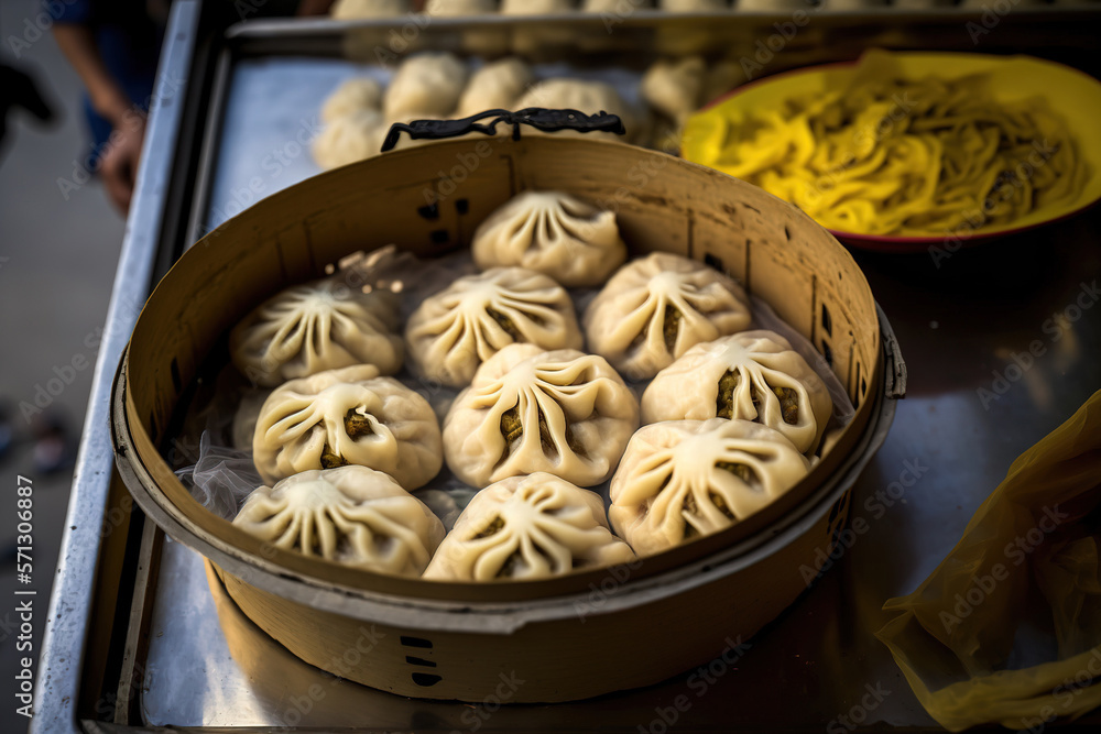 Chinese specialty steamed dumplings are sold at a street food stand in ...
