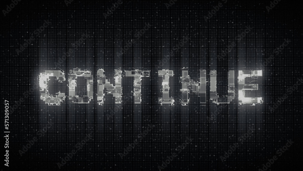Retro videogame CONTINUE text on computer old tv vhs glitch ...