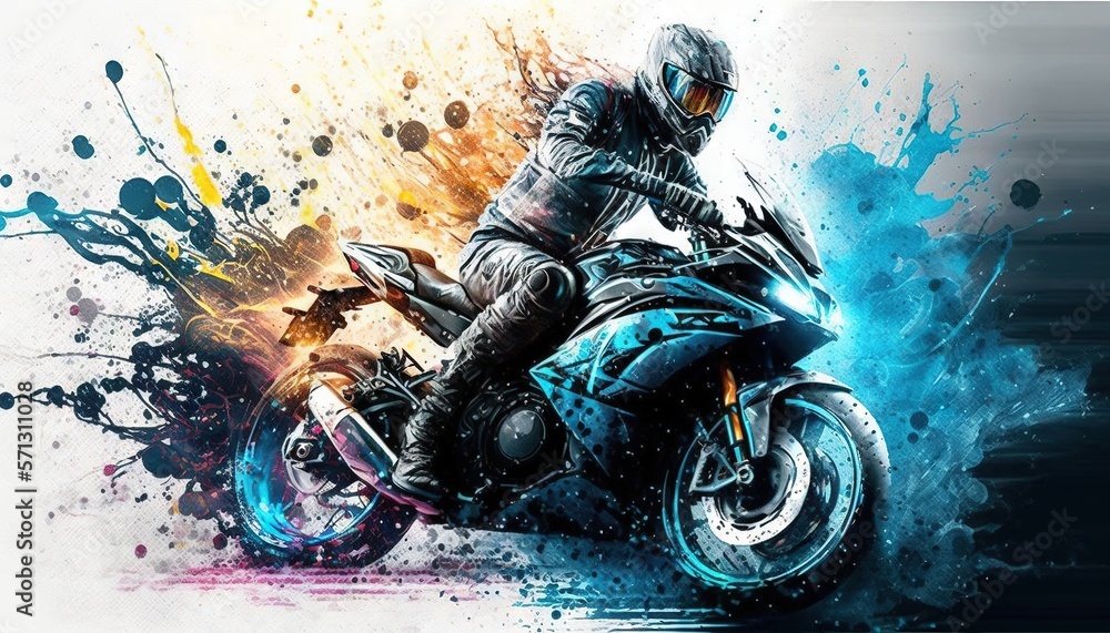 a man riding a motorcycle on top of a blue and white background with ...