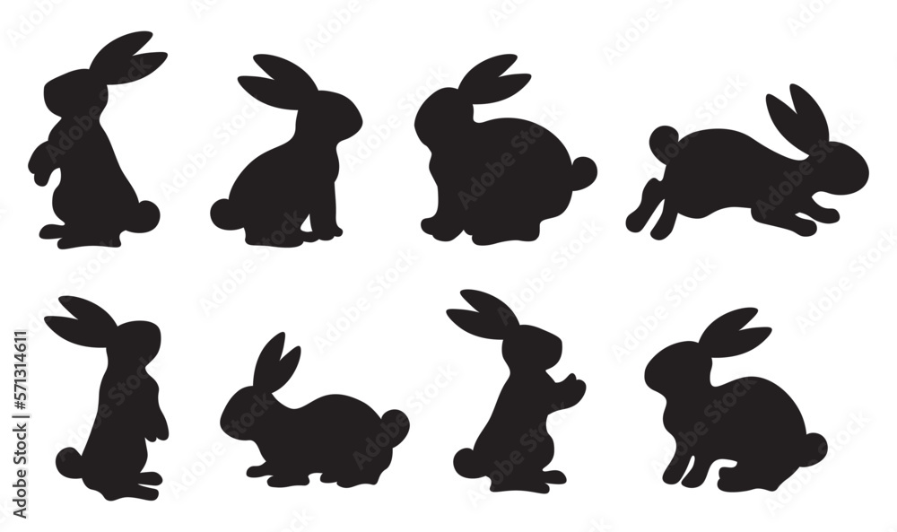 Cute bunny silhouette. Black rabbit silhouette in different poses ...