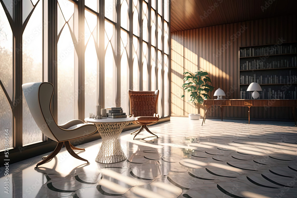 Mid Century Modern Library Interior Design - AI Generated Stock ...