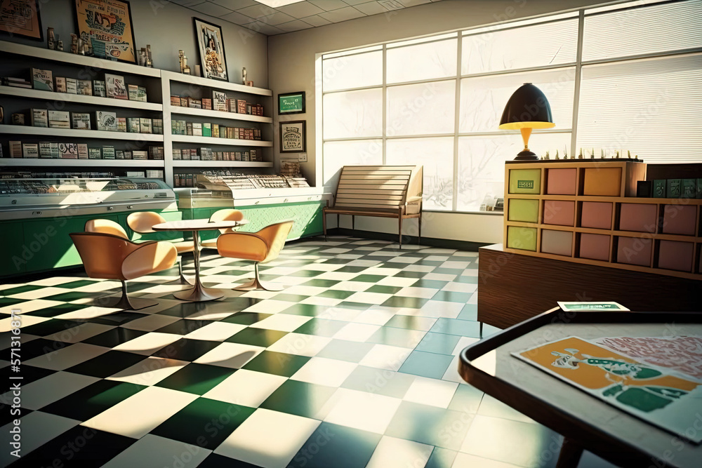 Mid century Card/Comic book shop Interior Design - AI Generated Stock ...