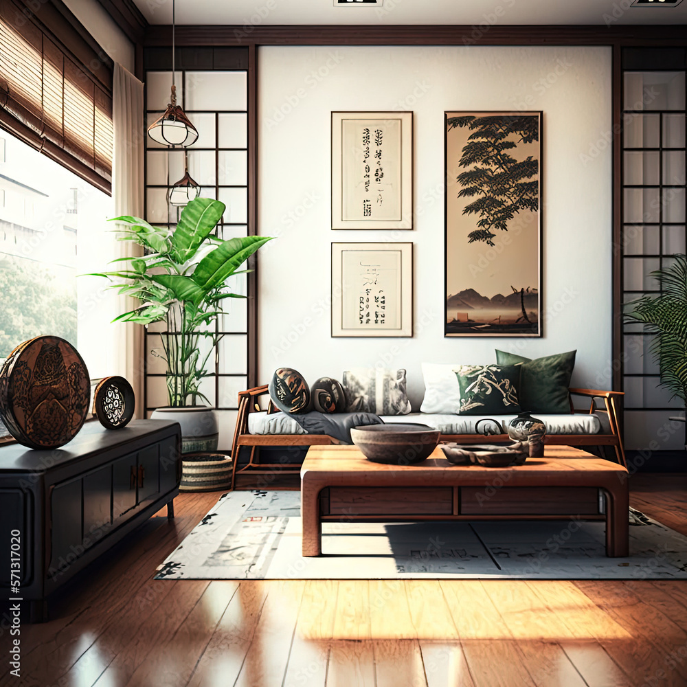 Asian-inspired mid century living room Interior Design - AI Generated ...