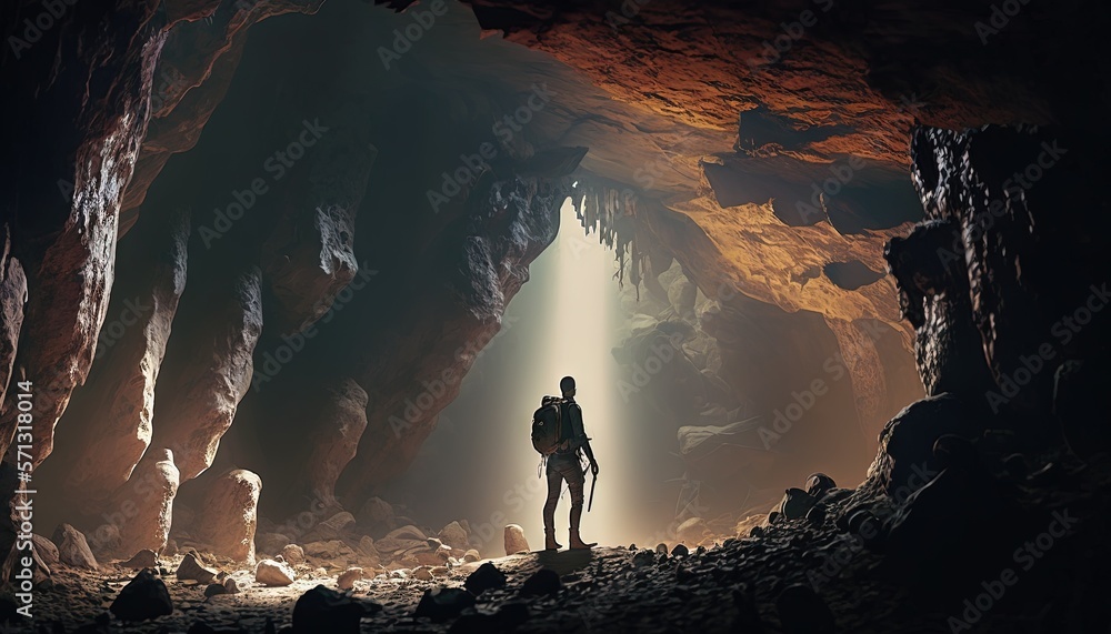a man standing in a cave looking at the light coming from the entrance ...