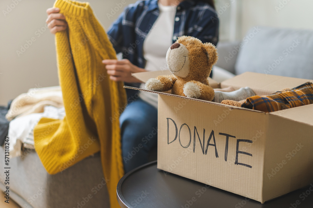 Recycling, Donation for poor, asian young woman, girl sitting pack ...