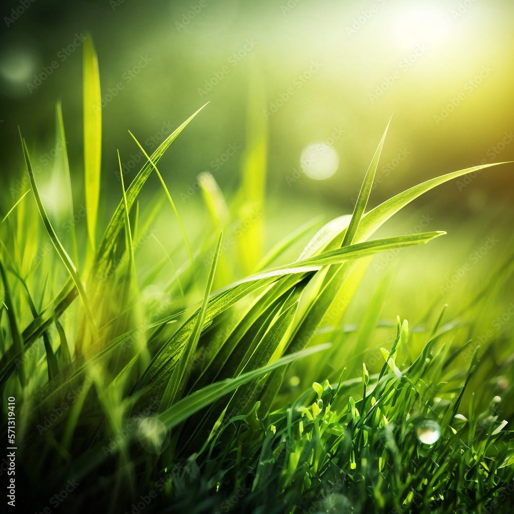 Close up macro of green grass with dew on it. Nice lighting. Lush and ...