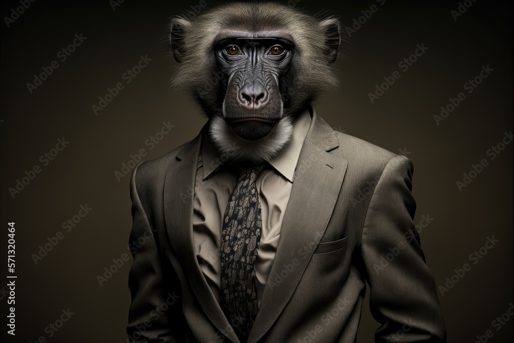 Monkey wearing a suit as businessman dramatic generative ai portrait ...