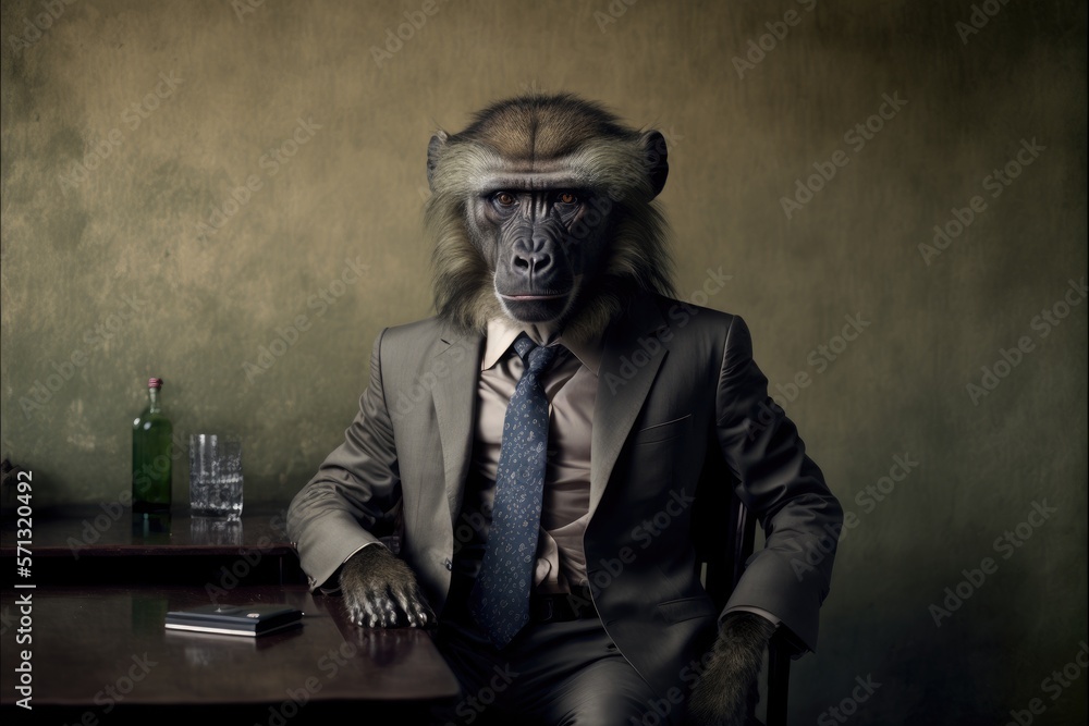 Monkey wearing a suit as businessman dramatic generative ai portrait ...